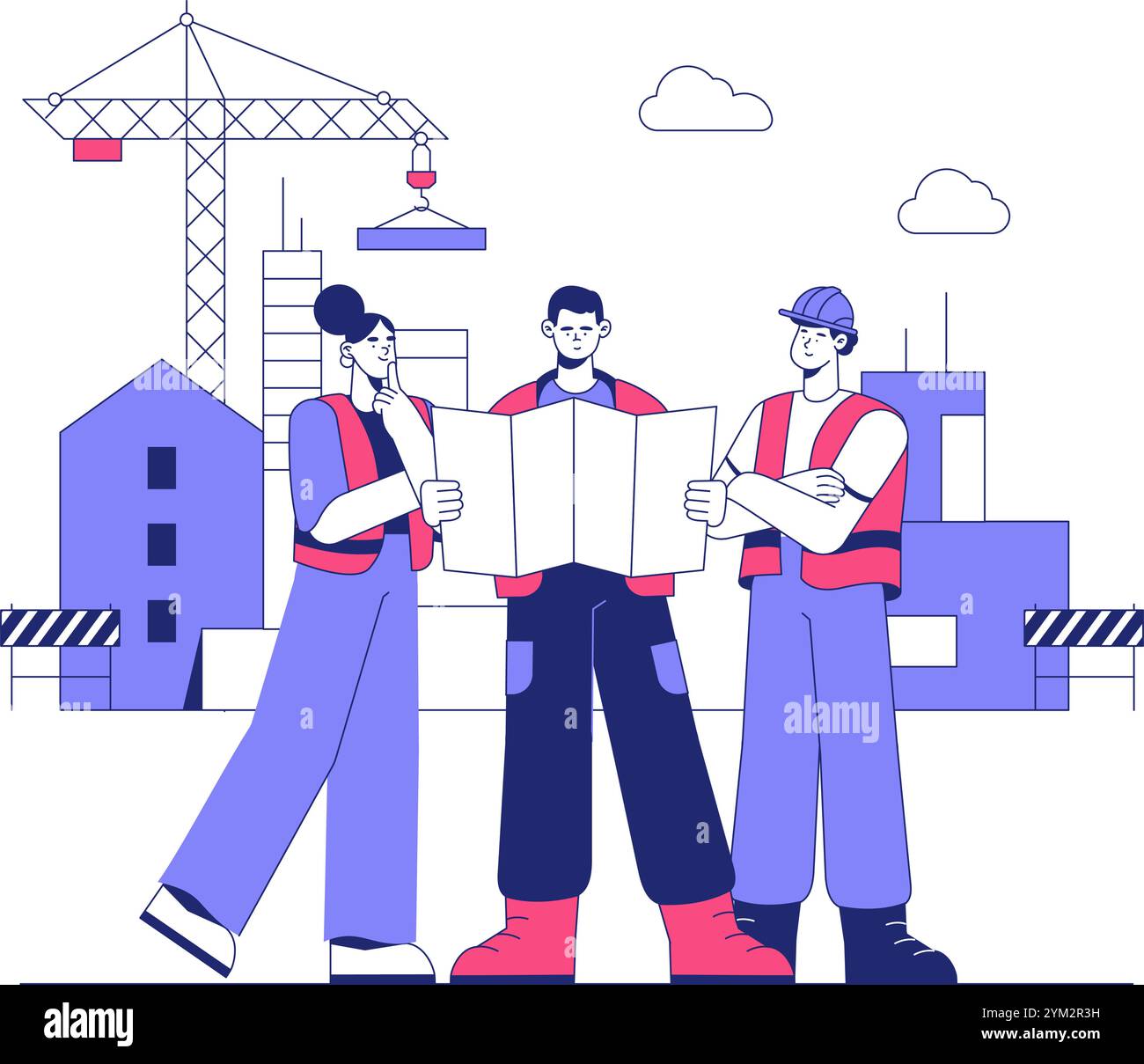 Group Of Construction Workers Reviewing Blueprint On Site In Flat ...