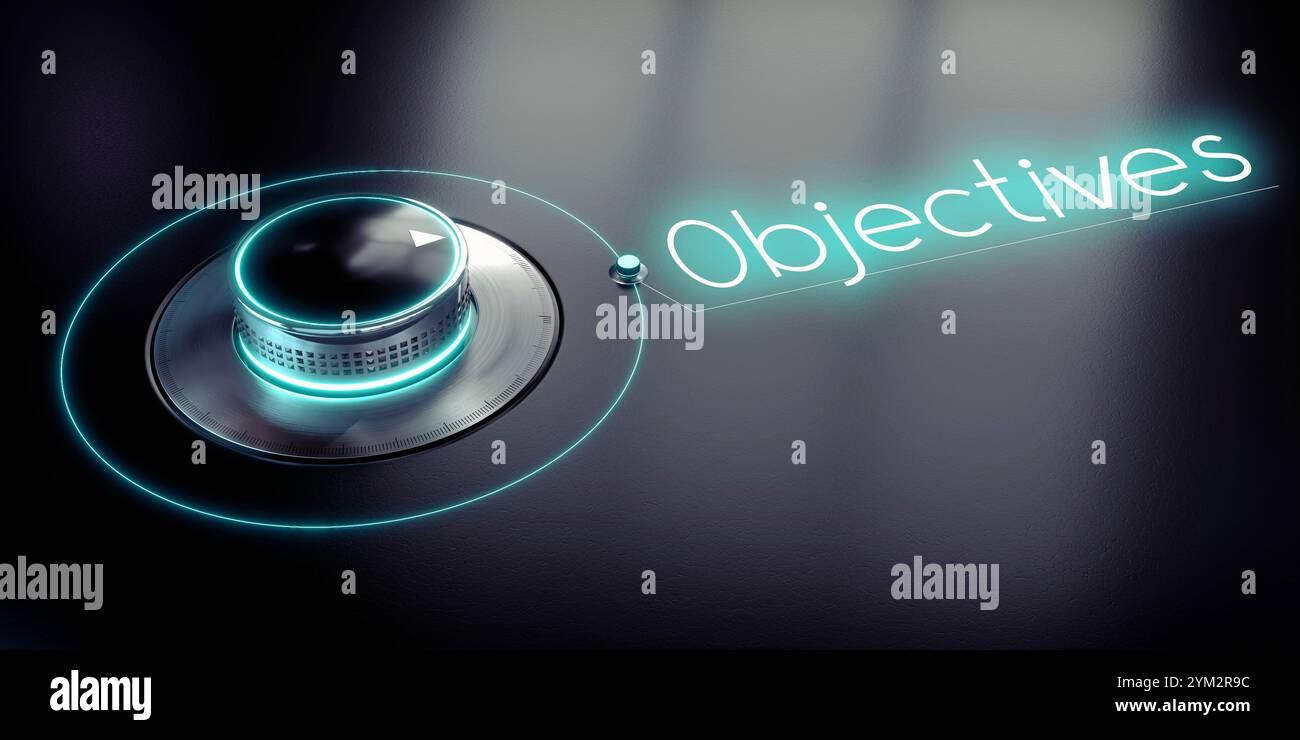 Objectives - rotary knob and glowing word - 3D illustration Stock Photo ...