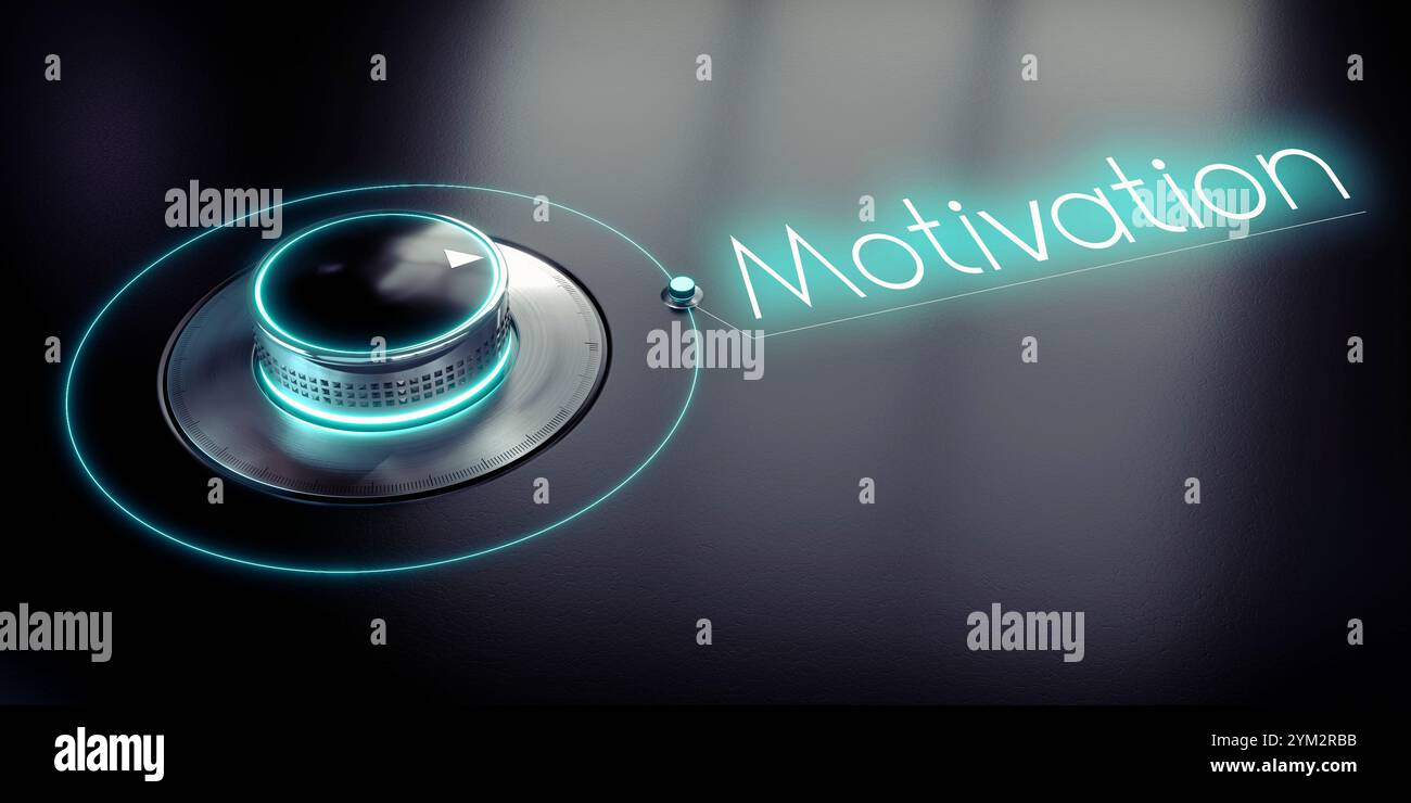 Motivation - rotary knob and glowing word - 3D illustration Stock Photo ...