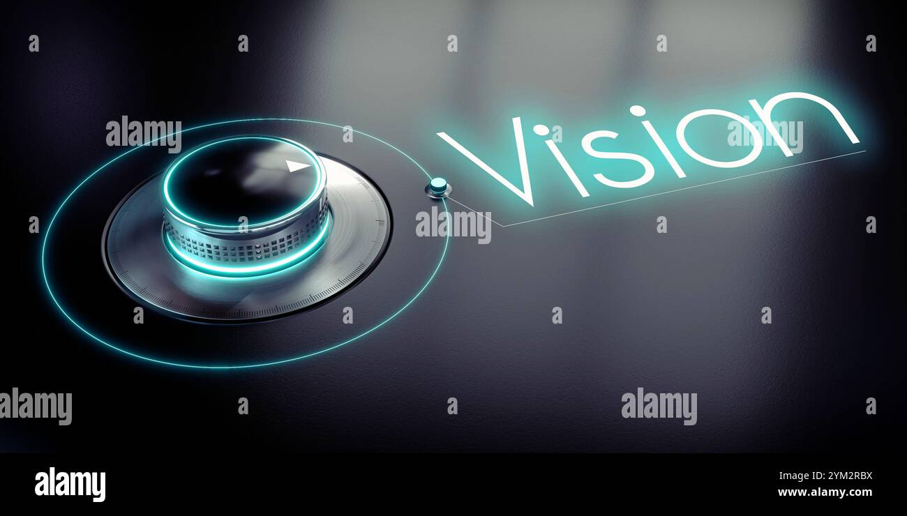 Vision - rotary knob and glowing word - 3D illustration Stock Photo - Alamy