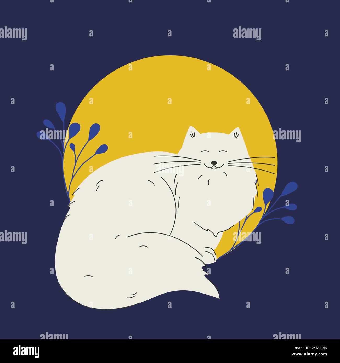 White cat and sun aesthetic illustration. Domestic kitty 2d ...