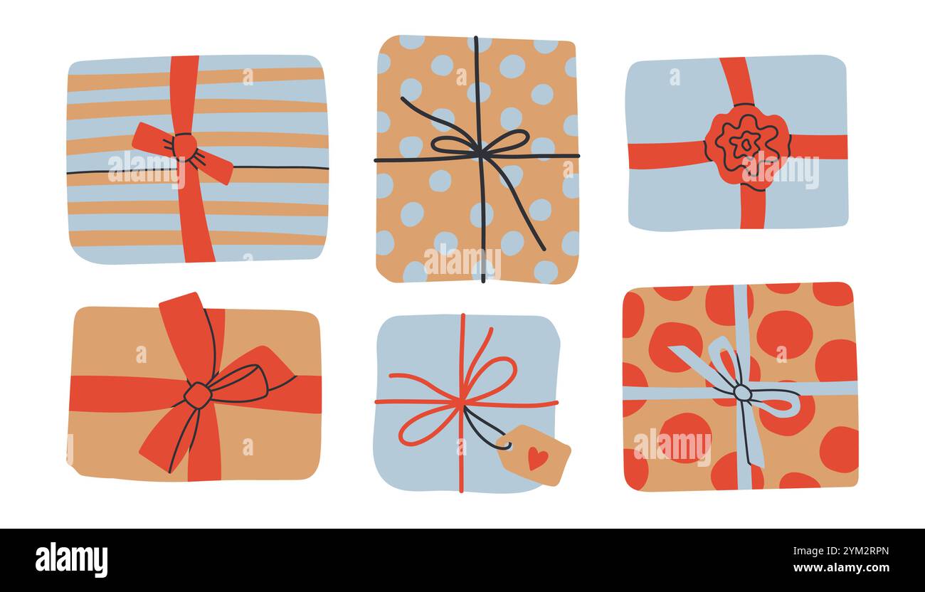 New year present set. Gift boxes with ribbon Set in Trendy Flat style ...