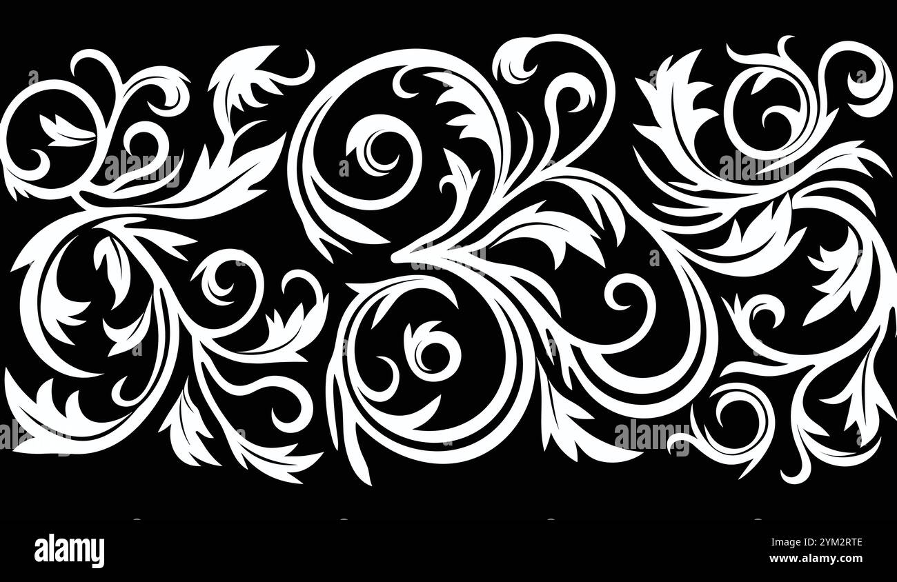 old vintage black and white scroll pattern vector, in the style of ...