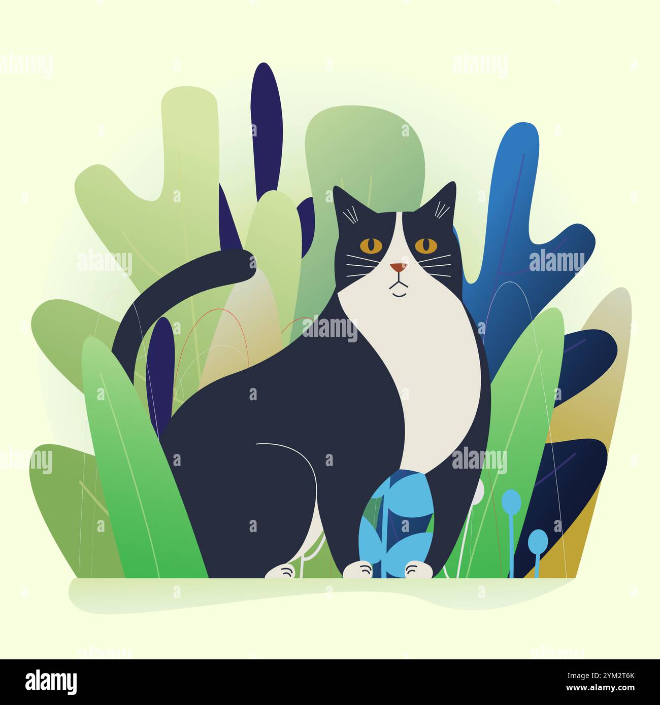 Cartoon cute cat spring postcard. Black cat in bush aesthetic boho ...