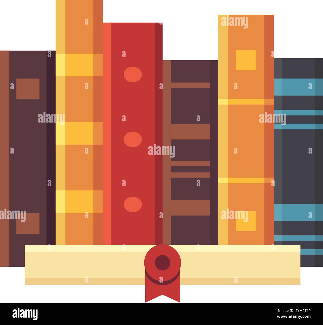 Colorful books standing upright with a diploma featuring a red ribbon ...