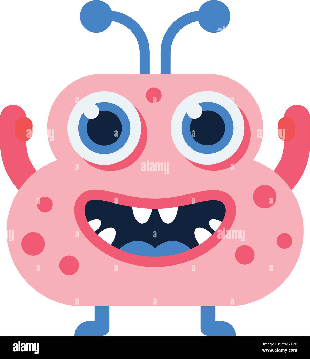 Pink monster with blue antennae, big eyes, and a wide smile raises its ...