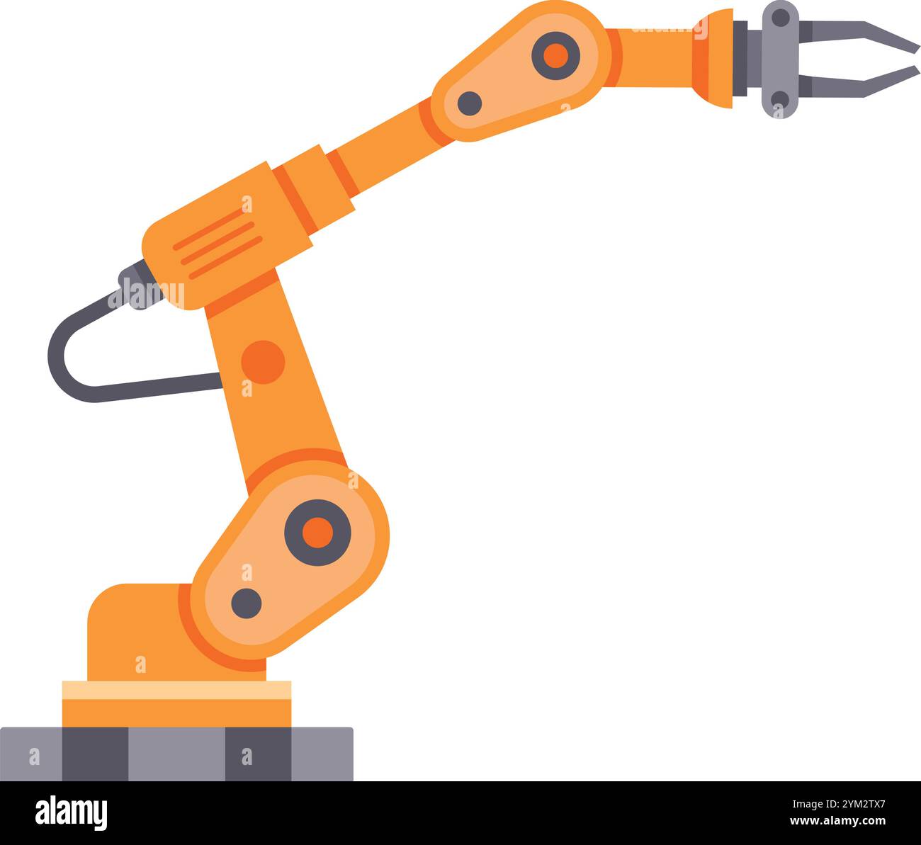 Orange robotic arm with gripper performing automated tasks in industrial setting, showcasing ...