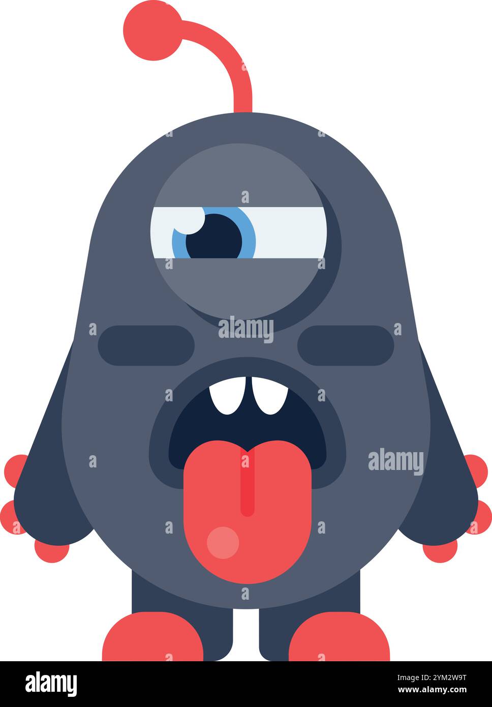 Playful grey alien cartoon sticking out tongue with red antenna, eye ...