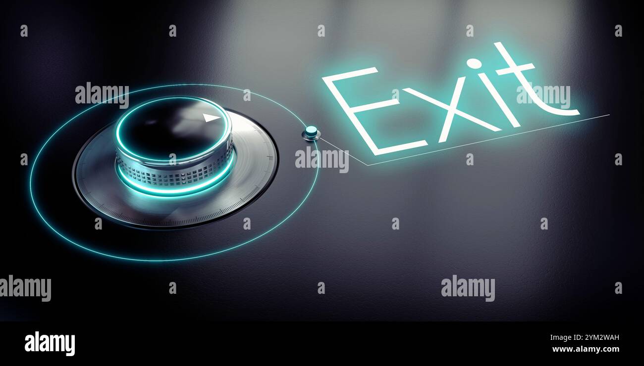 Exit - rotary knob and glowing word - 3D illustration Stock Photo - Alamy