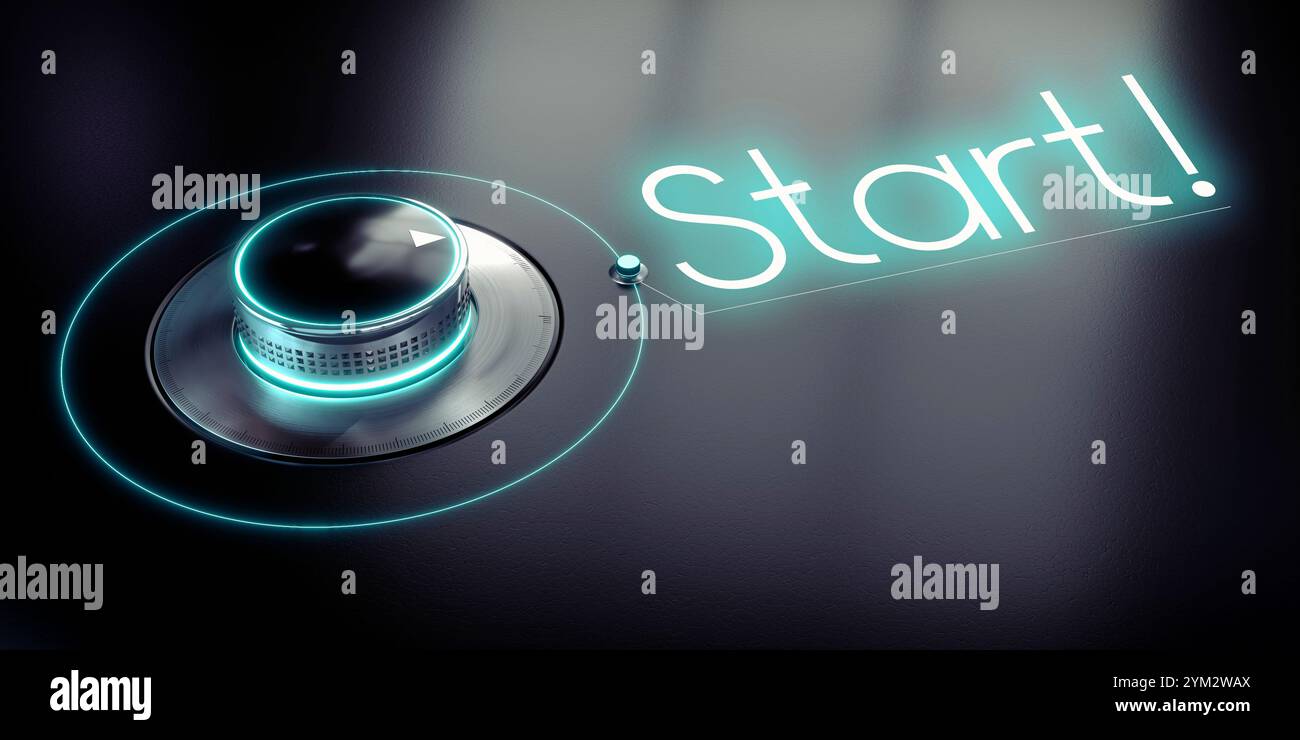 Start - rotary knob and glowing word - 3D illustration Stock Photo - Alamy