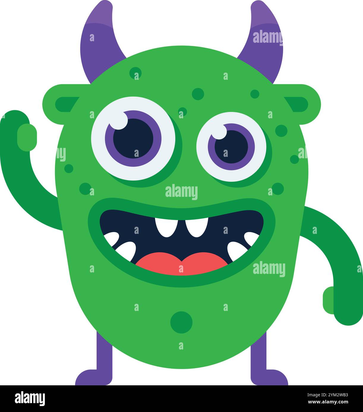 Cartoon illustration of a friendly green monster with purple horns and ...