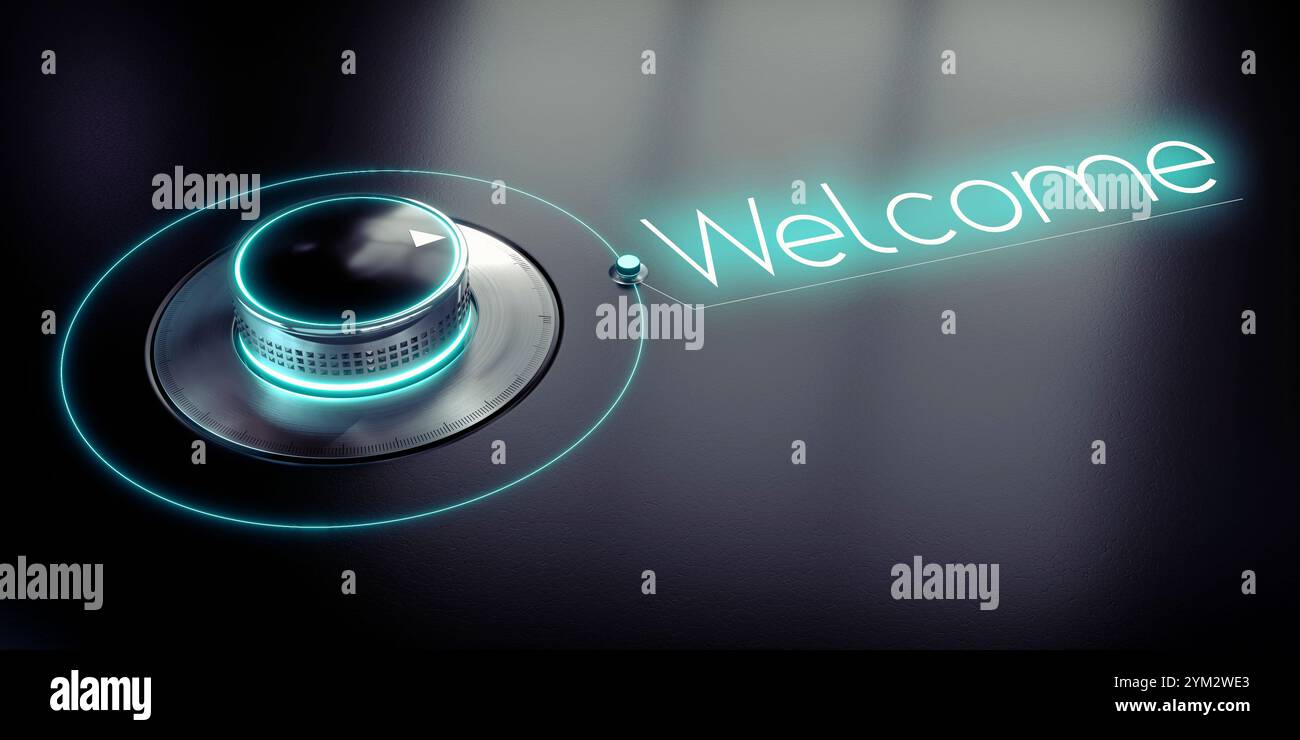 Welcome - rotary knob and glowing word - 3D illustration Stock Photo ...