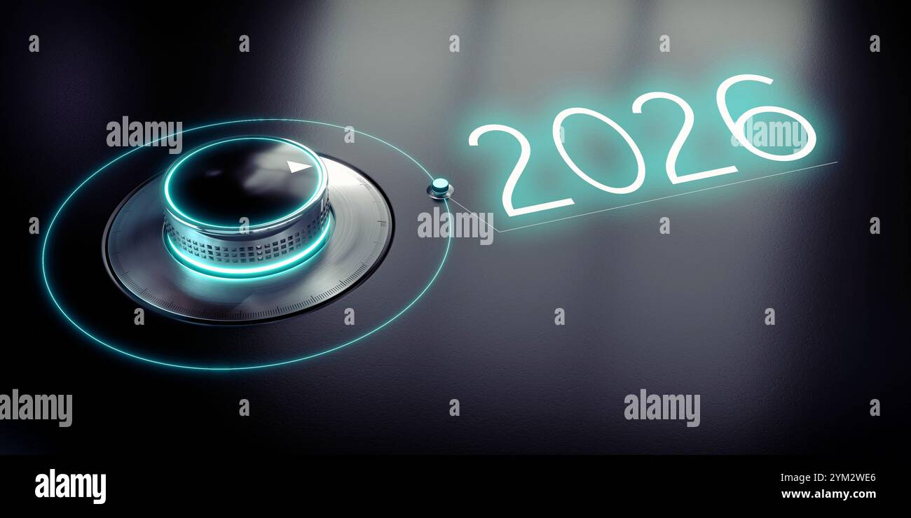 2026 - rotary knob and glowing word - 3D illustration Stock Photo - Alamy