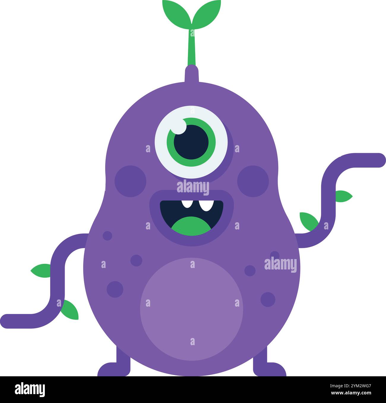 Friendly one eyed purple monster with green sprout on head and arm ...