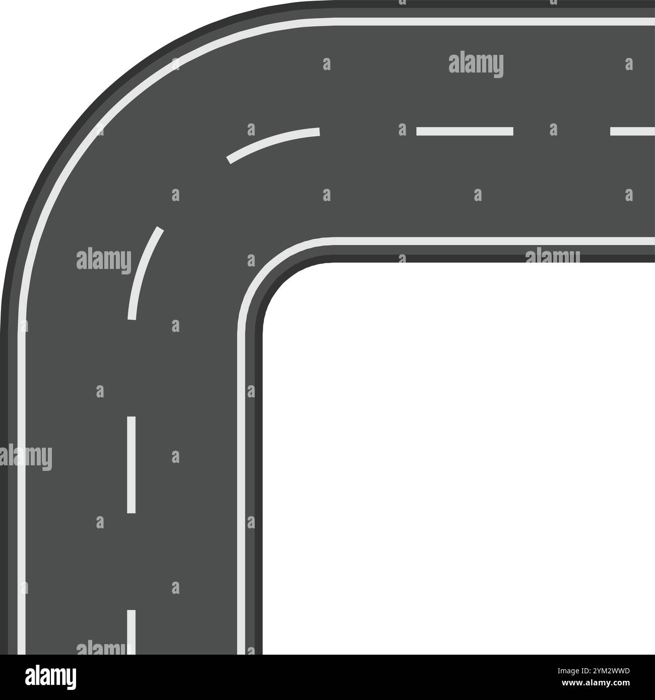 Winding road with white dashed lines making a ninety degree turn ...