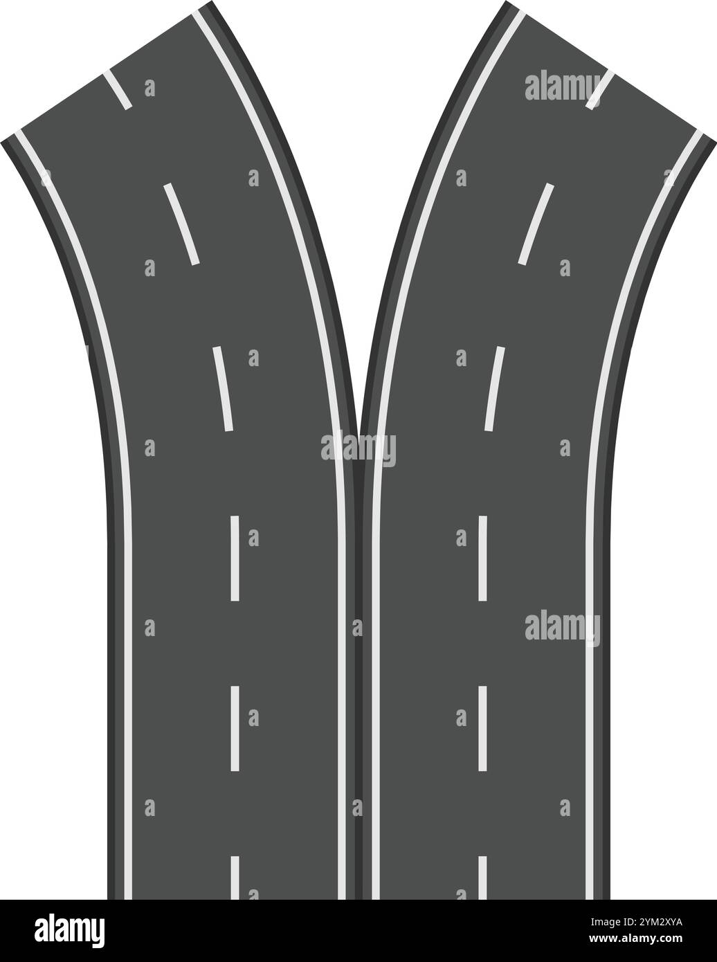 Two gray asphalt roads with white dashed lines are diverging, creating ...