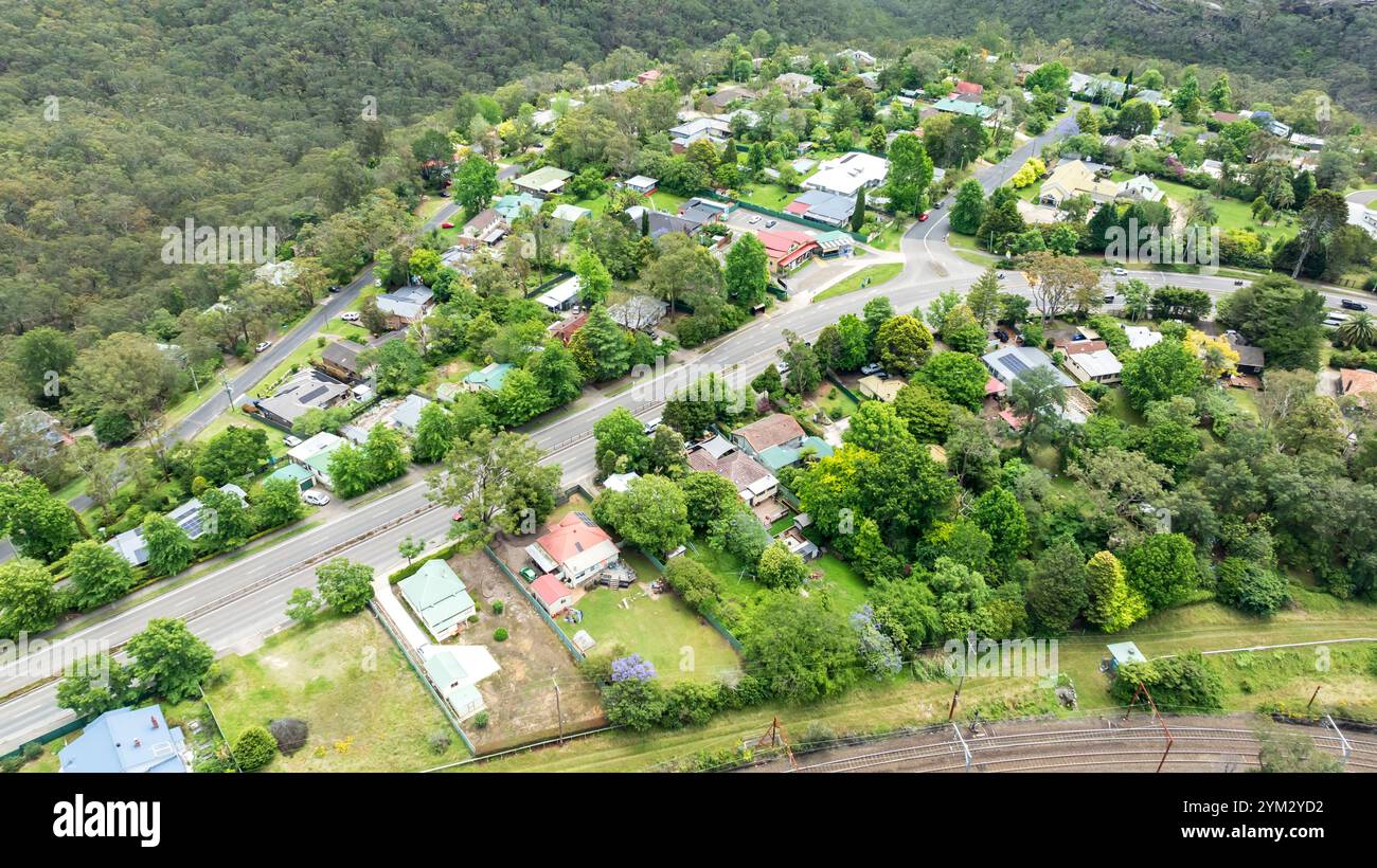 Drone aerial photograph of the town of Faulconbridge located along the ...