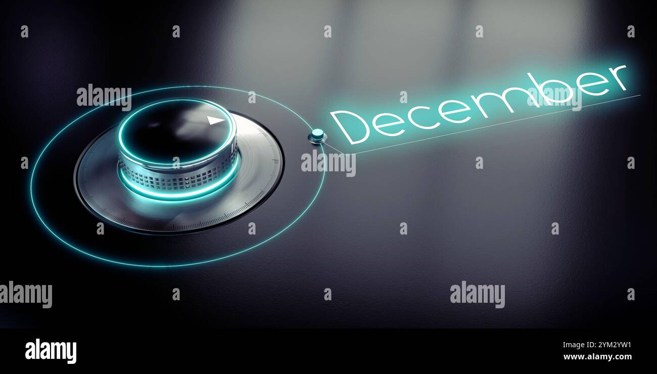 December - rotary knob and glowing word - 3D illustration Stock Photo ...