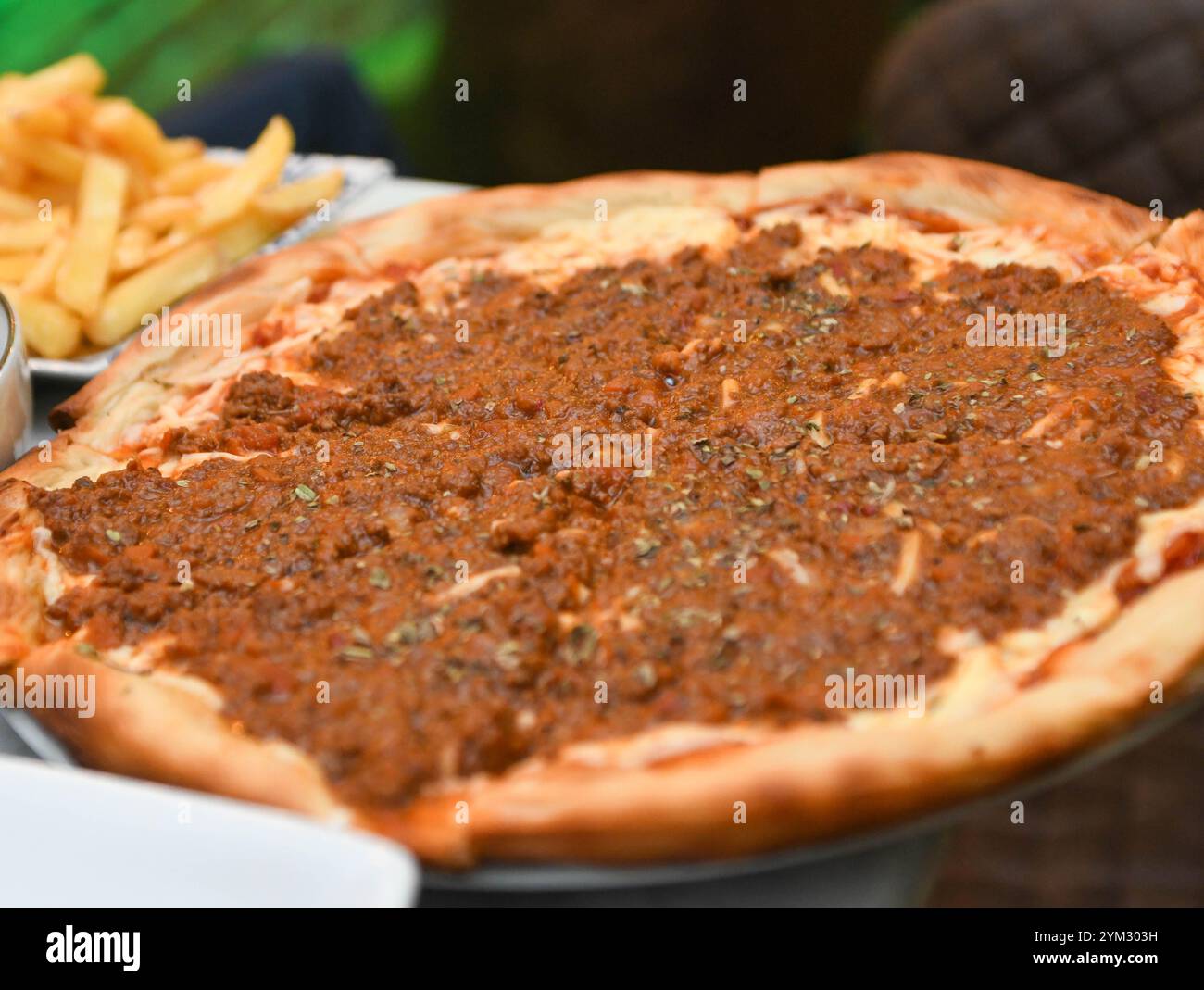 Italian meat pizza with a rich tomato sauce and melted mozzarella ...