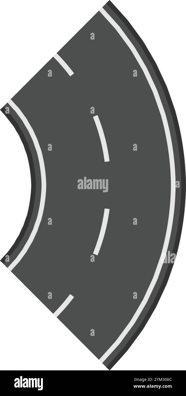 Curved section of asphalt road with white lane markings stretches into ...