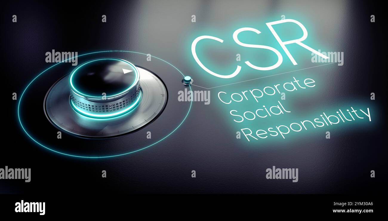 CSR, Corporate Social Responsibility - rotary knob and glowing word ...