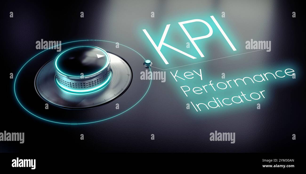 KPI, Key Performance Indicator - rotary knob and glowing word - 3D ...