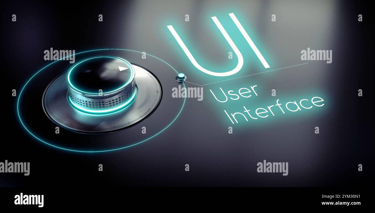 UI, User Interface - rotary knob and glowing word - 3D illustration ...