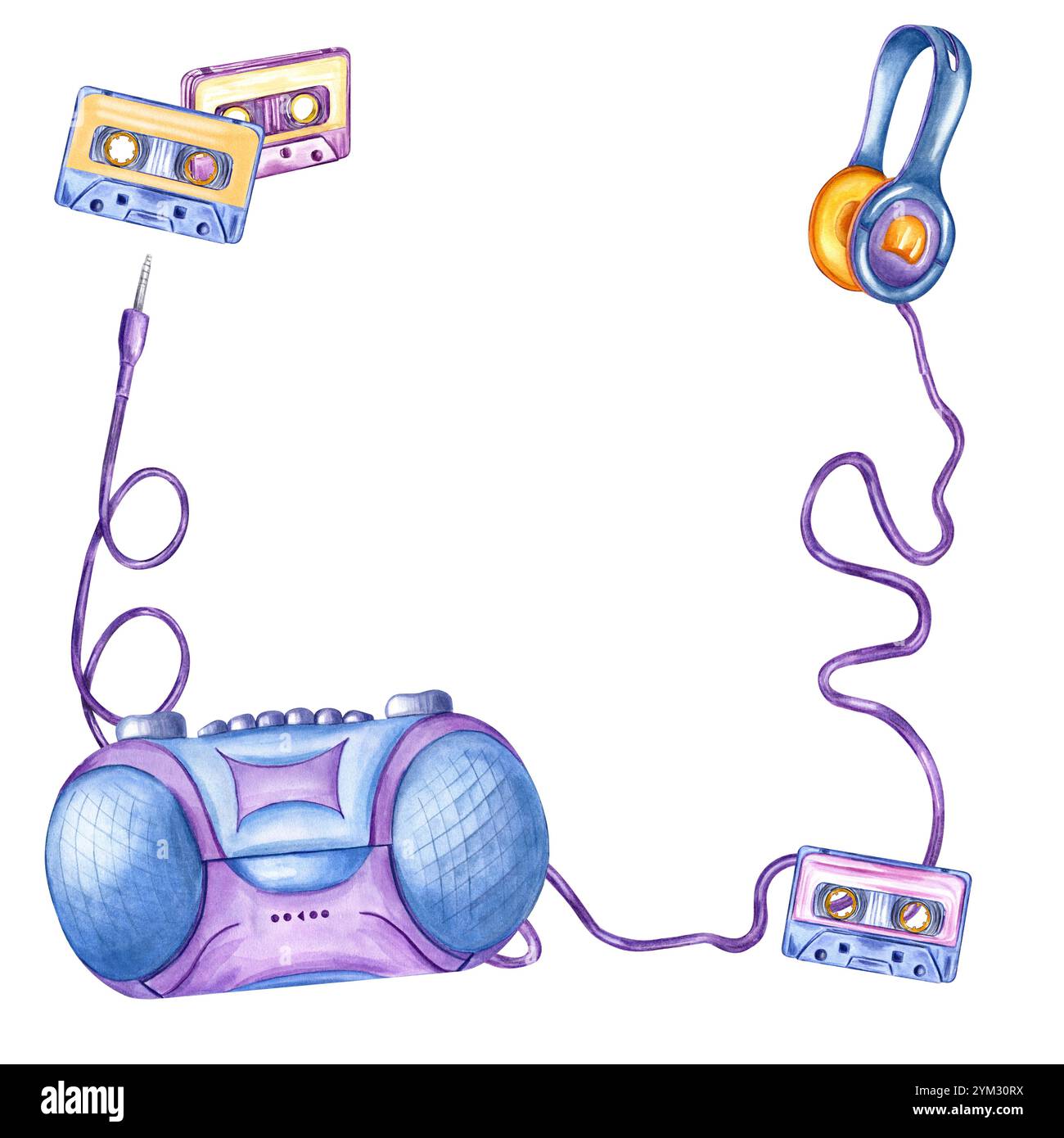 Watercolor audio cassette, boombox player, headphone square frame with ...