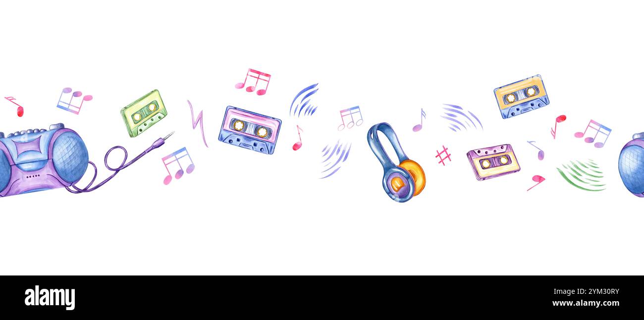 Watercolor headphones, audio cassette, tape recorder, sounds of music ...