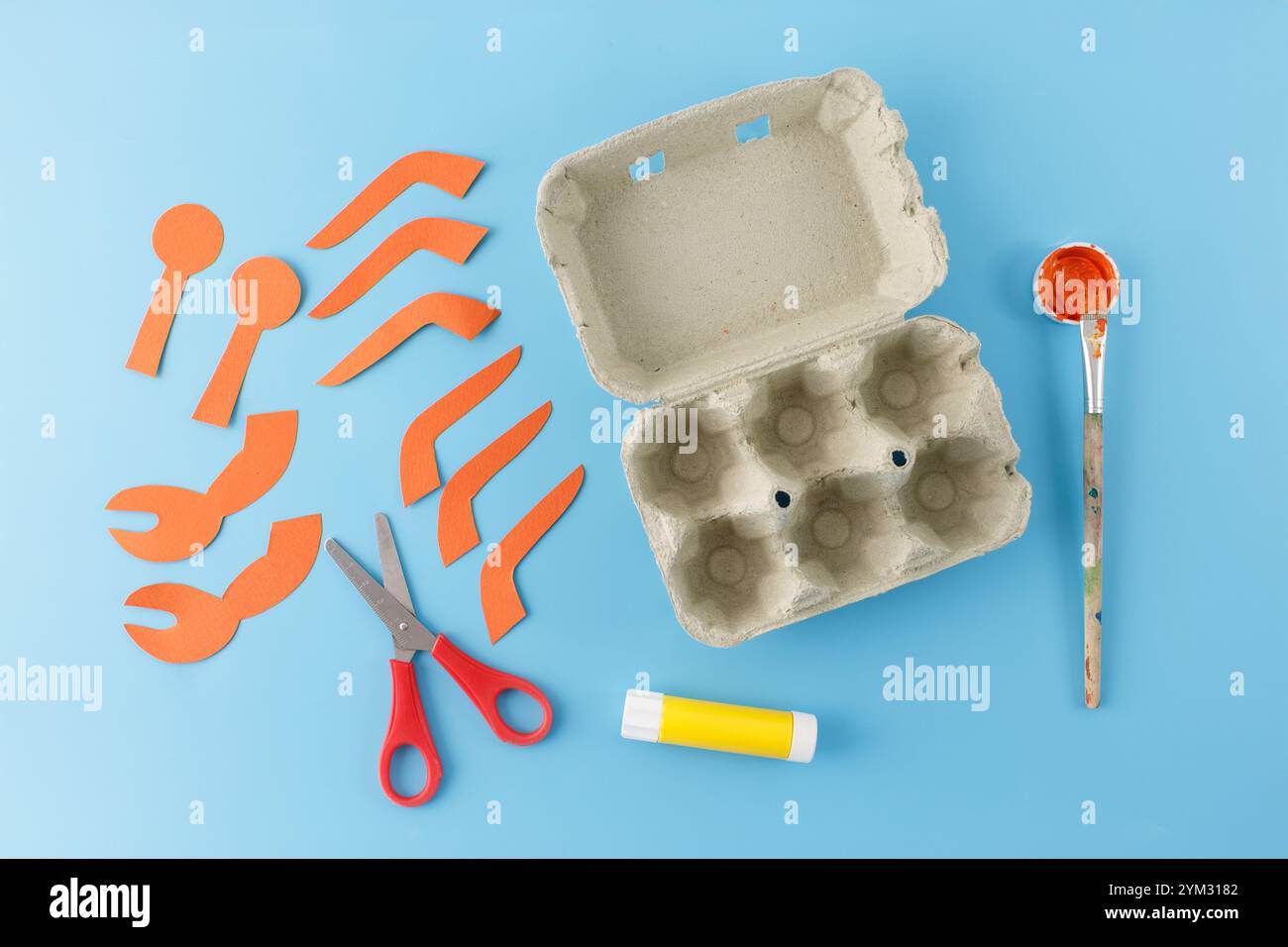 kit for crafts made from recycled materials, flat lay, cardboard egg ...