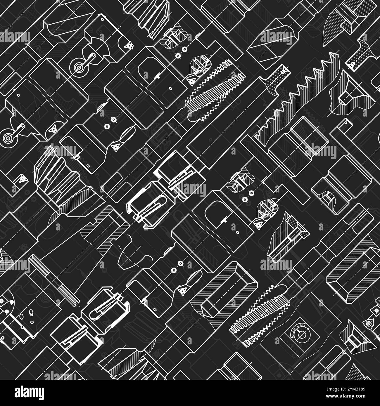 Mechanical engineering drawings on black background. Tap tools, borer ...