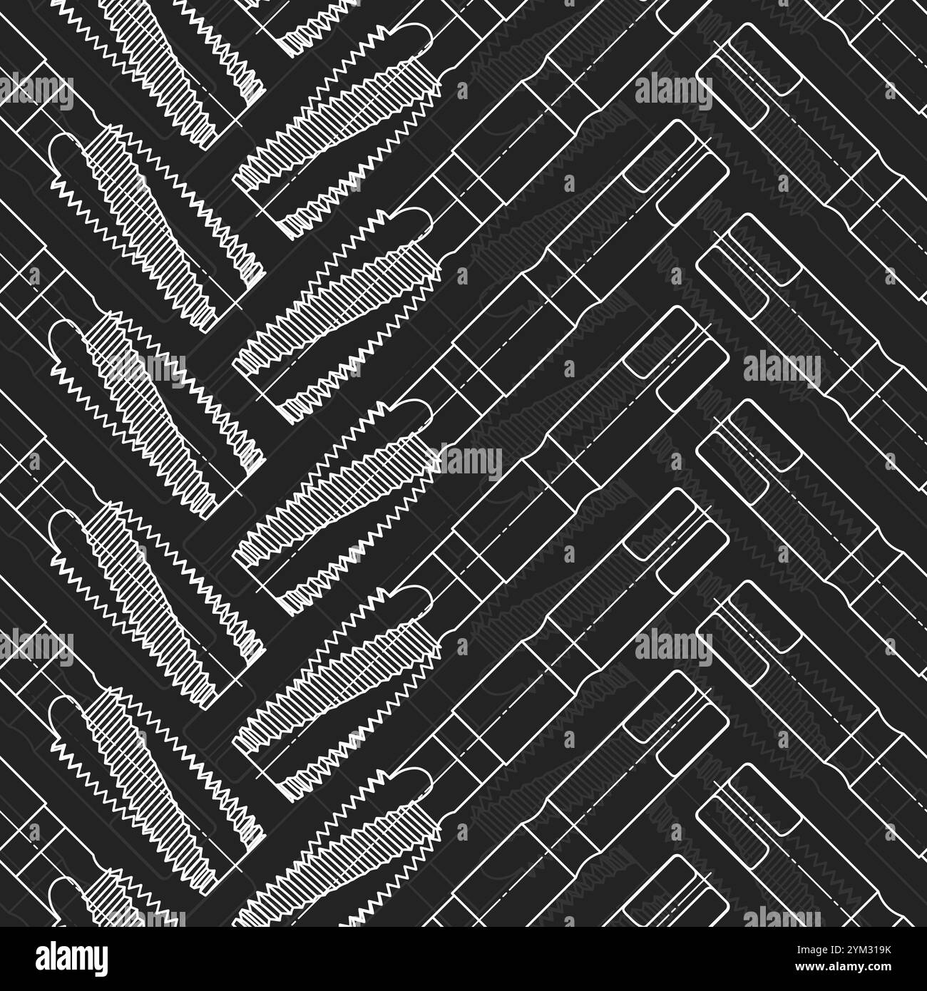Mechanical engineering drawings on black background. Tap tools, borer ...