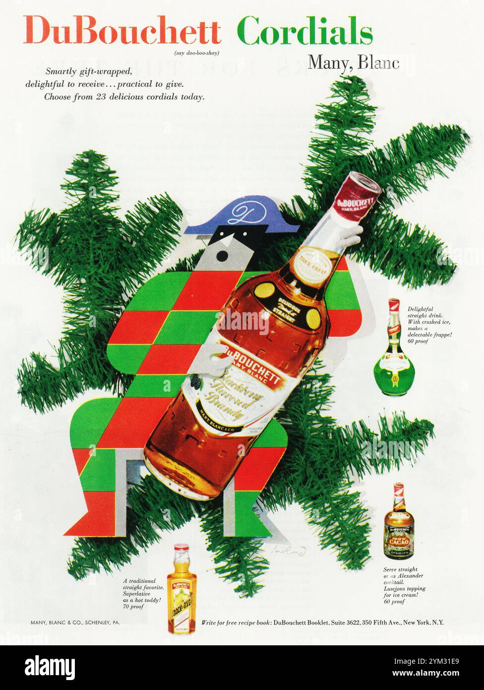 1955 DuBouchett Cordials Brandy Ad with Paul Rand Christmas art Stock ...