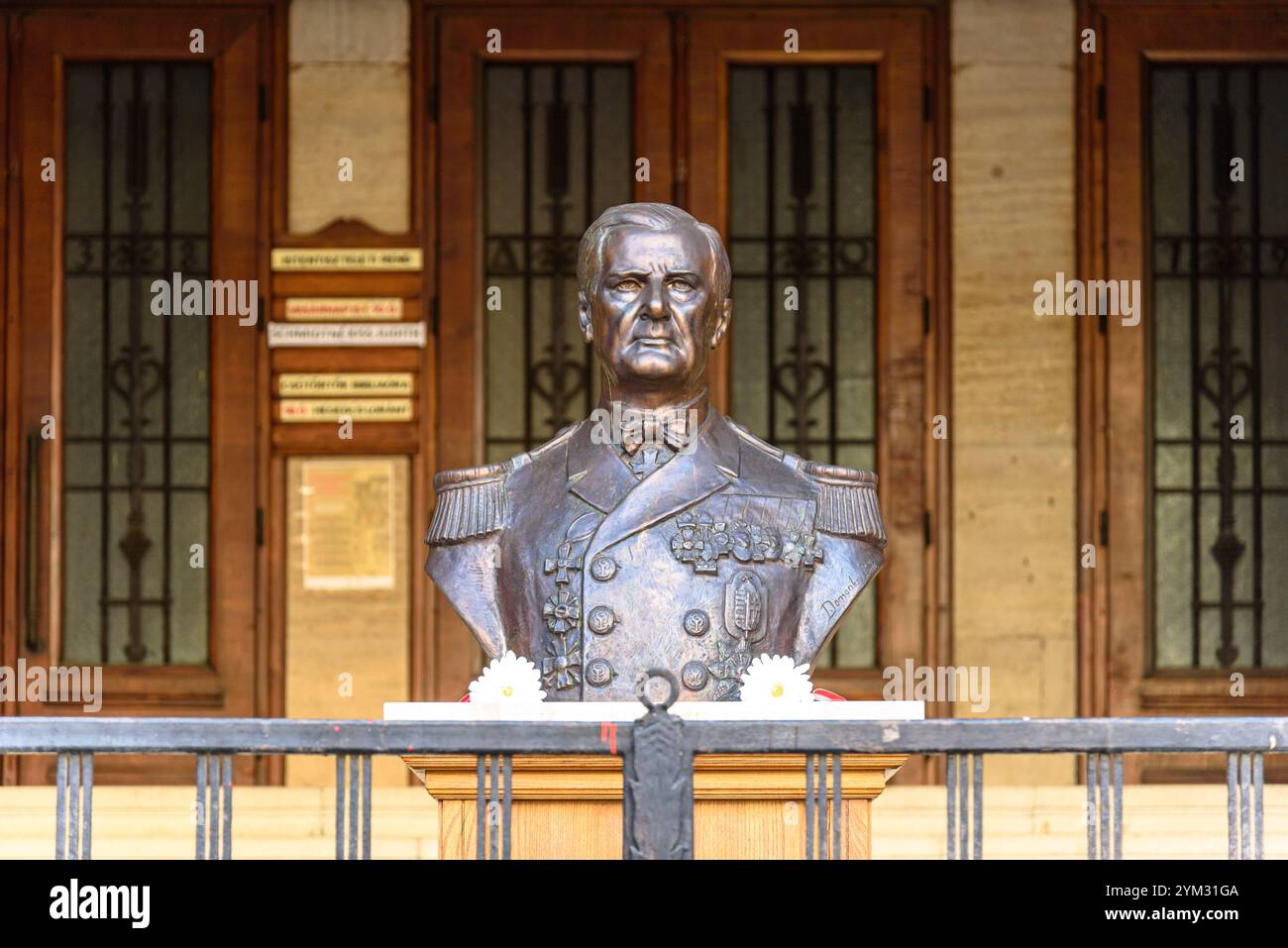The bust of Admiral Miklos Horthy in the entrance of the Hazateres ...
