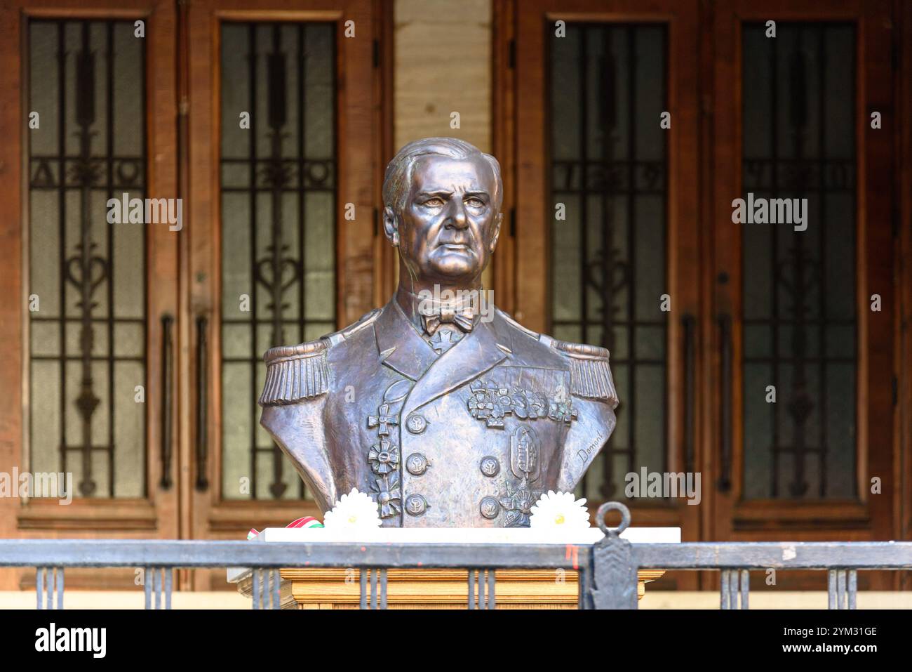 The bust of Admiral Miklos Horthy in the entrance of the Hazateres ...