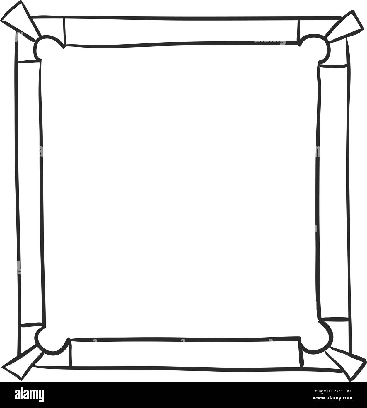 Simple, hand drawn black outline creates a square border with folded ...