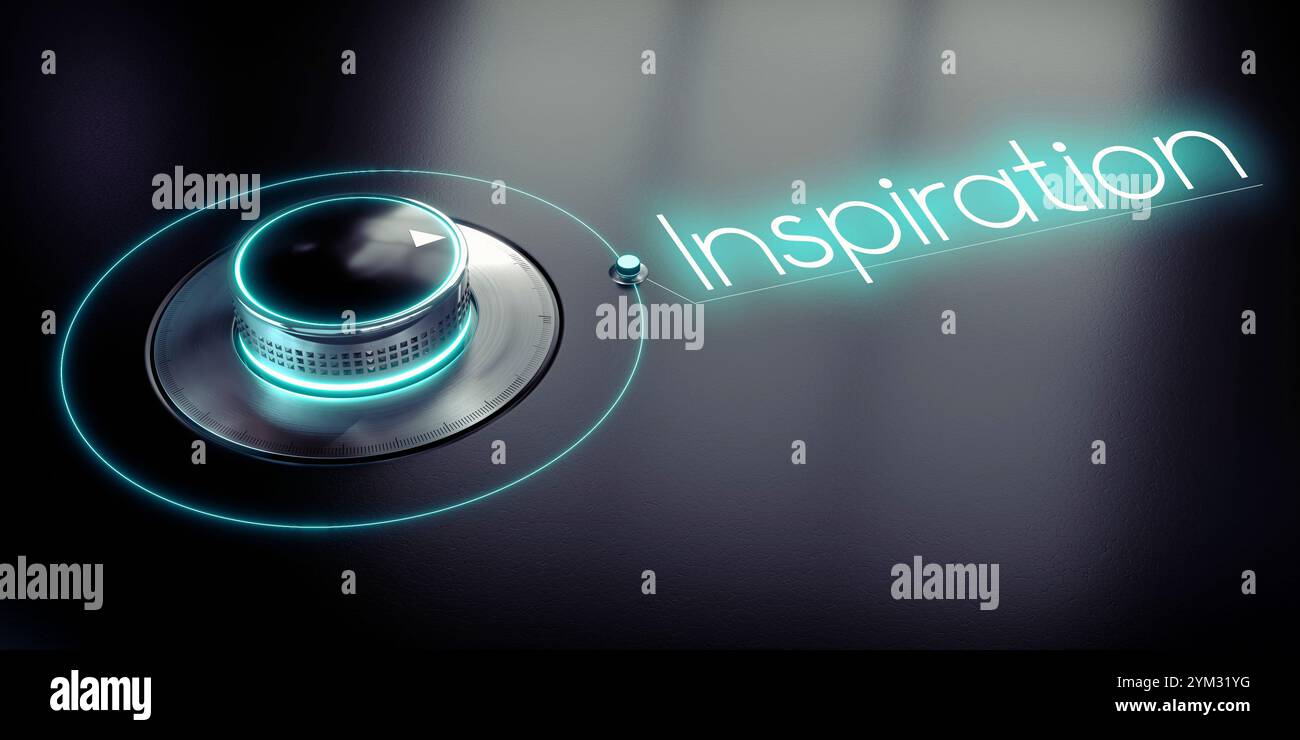 Inspiration - rotary knob and glowing word - 3D illustration Stock ...