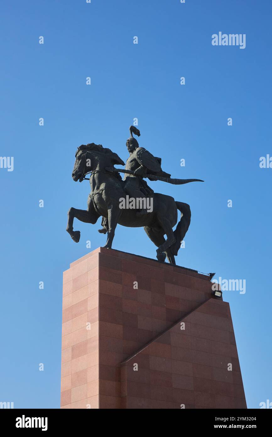 Monument, sculpture of Alai Manas on horseback, from heroic epic of ...