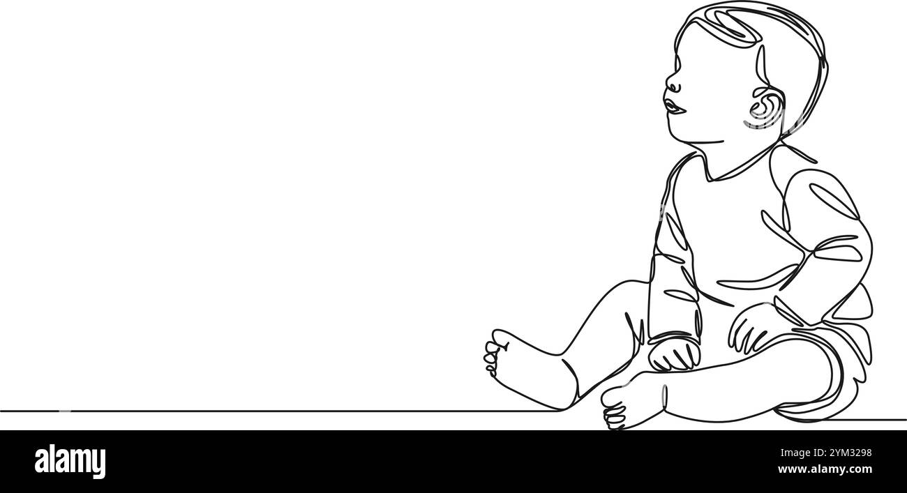 continuous single line drawing of toddler sitting on floor, line art ...
