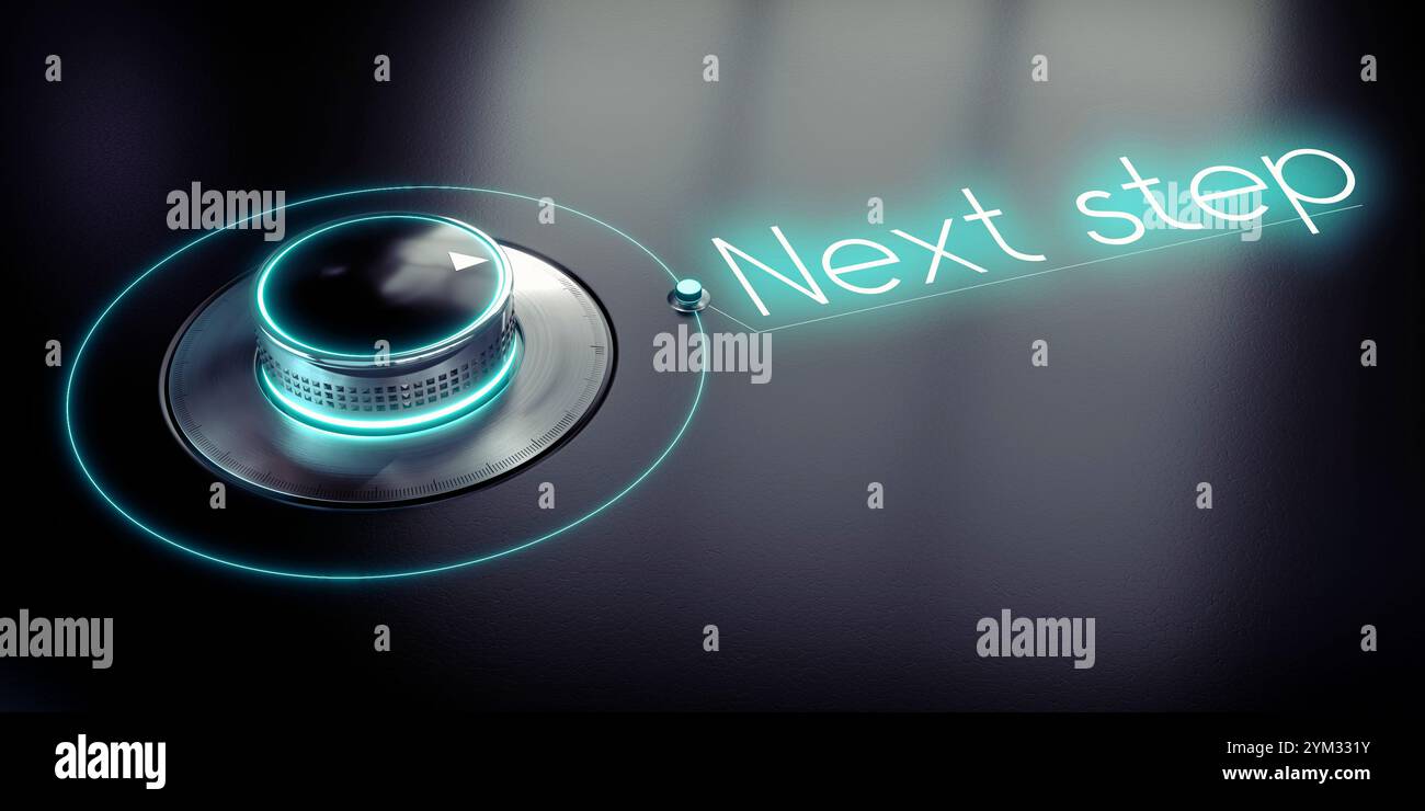 Next step - rotary knob and glowing word - 3D illustration Stock Photo ...