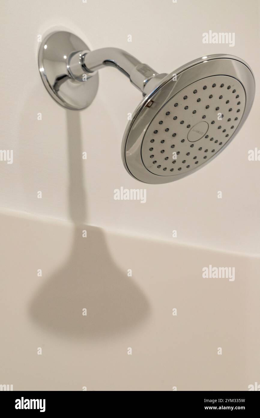 A silver shower head with a chrome handle is turned off. It is mounted ...
