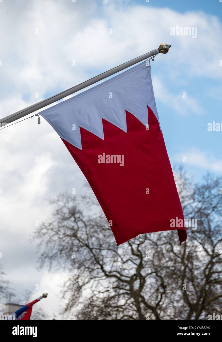 Red white National flag of Bahrain, Kingdom of Bahrain, island country ...