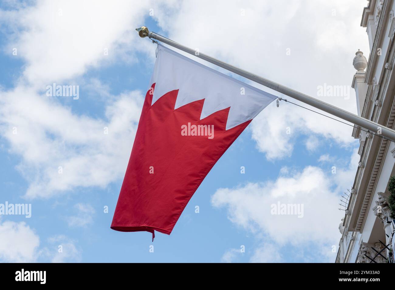 Red white National flag of Bahrain, Kingdom of Bahrain, island country ...