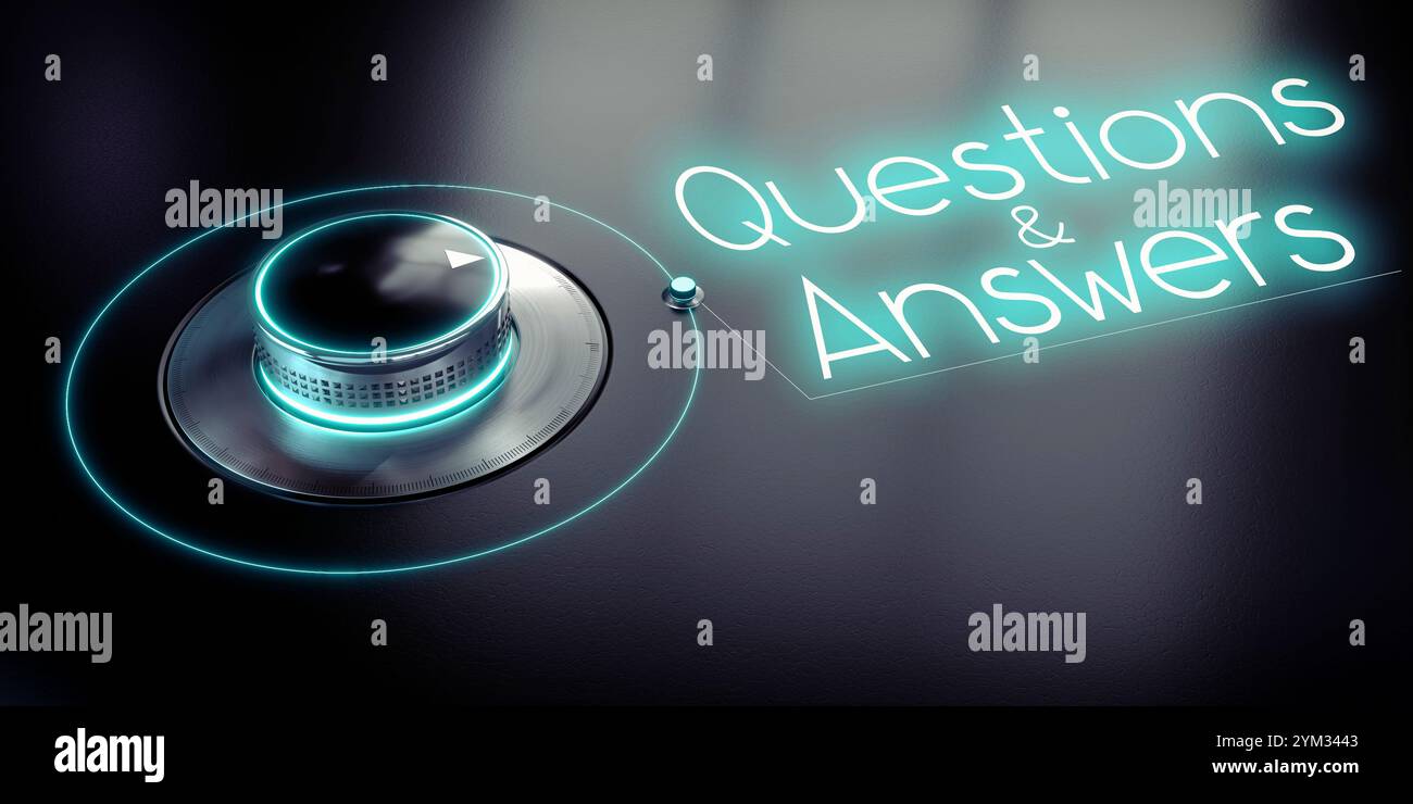Questions and Answers - rotary knob and glowing word - 3D illustration ...