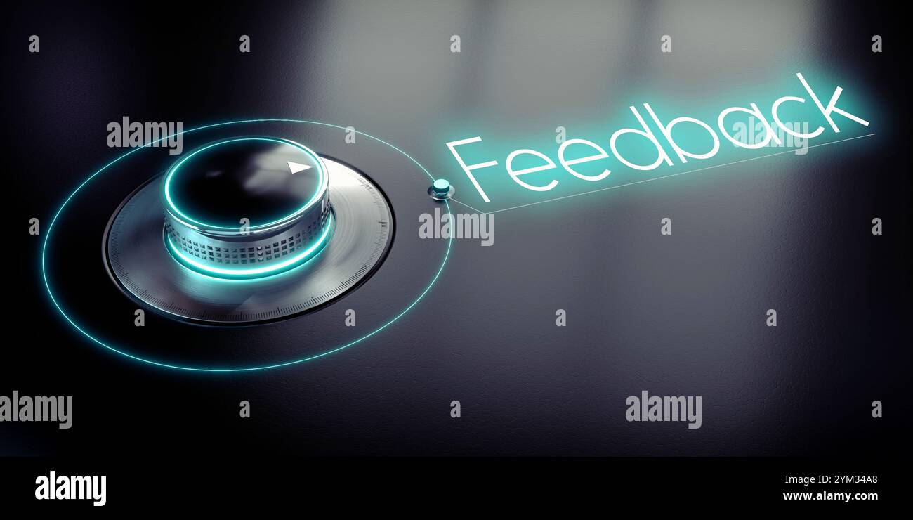 Feedback - rotary knob and glowing word - 3D illustration Stock Photo ...