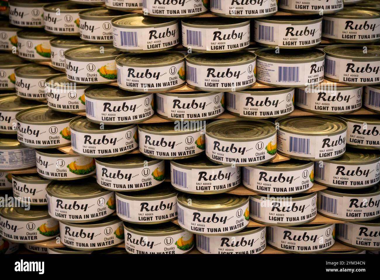 A display of Ruby brand light tuna cans in water in New York on Monday ...