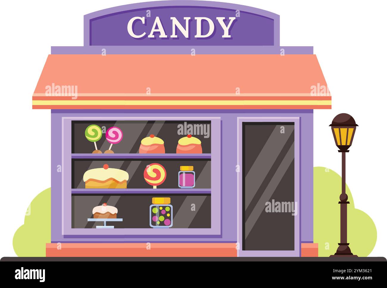 Colorful cartoon candy shop building exterior with cakes, lollipops ...