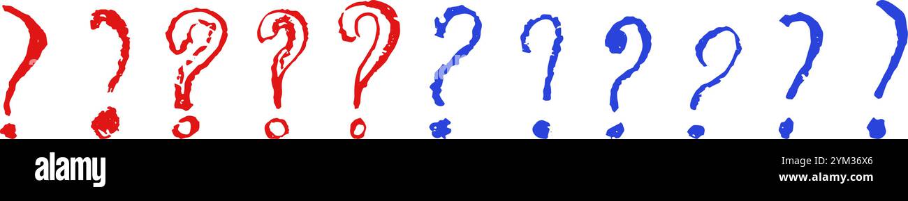 Question mark symbols set. Red and blue pencil school kid handwritten ...