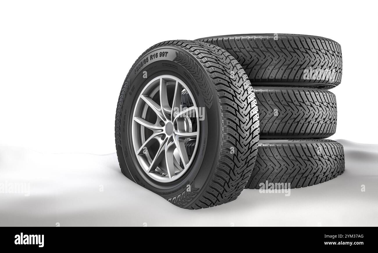 Winter tires with alloy rims standing in snow on white background 3d ...