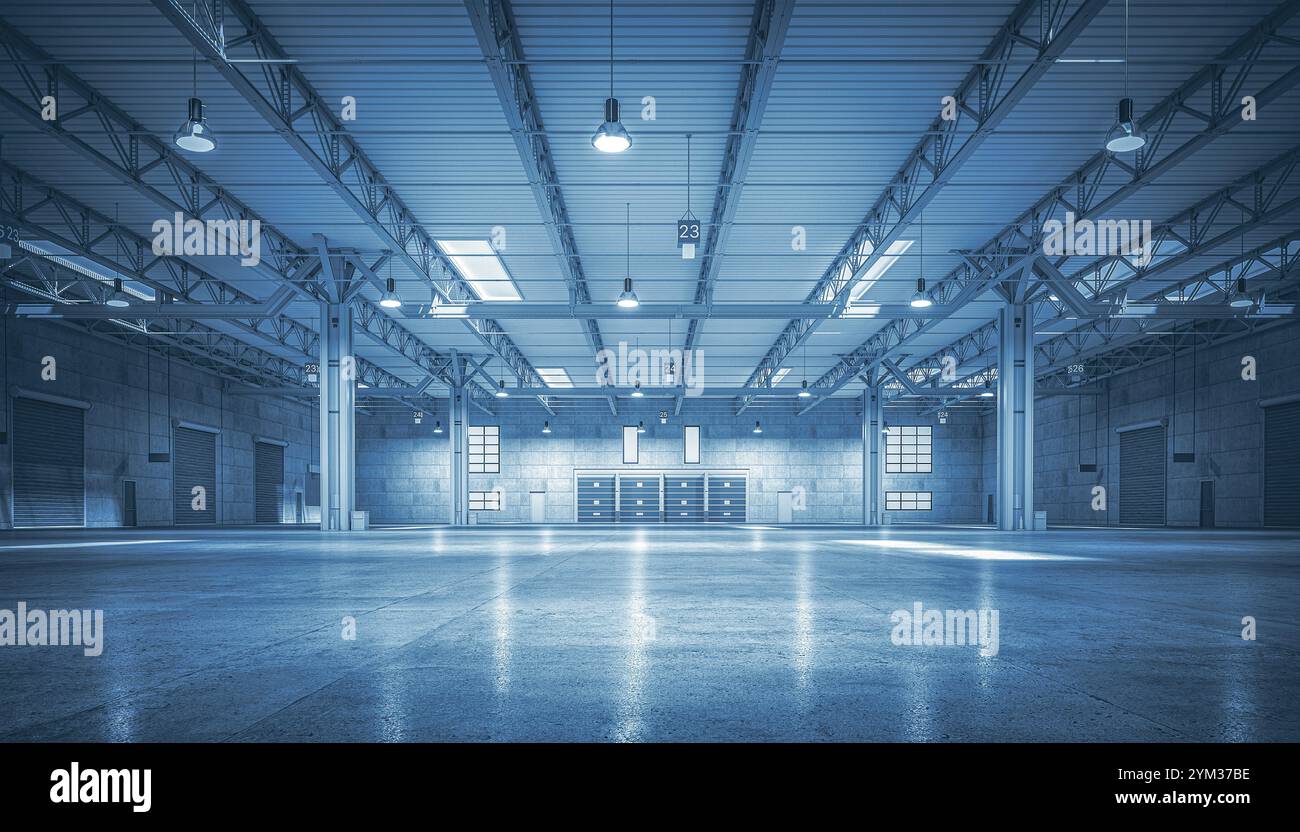 Empty warehouse interior with polished concrete floor 3d background ...